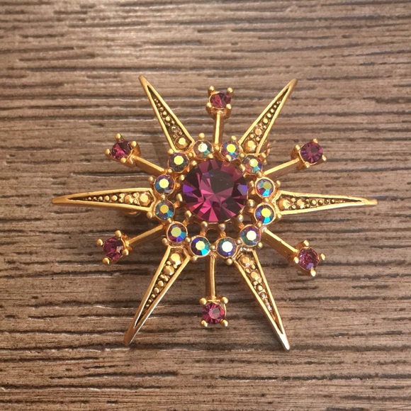 Vintage | Jewelry | Vintage Matte Gold Star Pin Purple Rhinestones ...